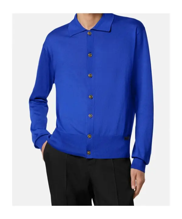 Versace Cotton Silk Blend Collared Cardigan With Medusa Buttons - Blue