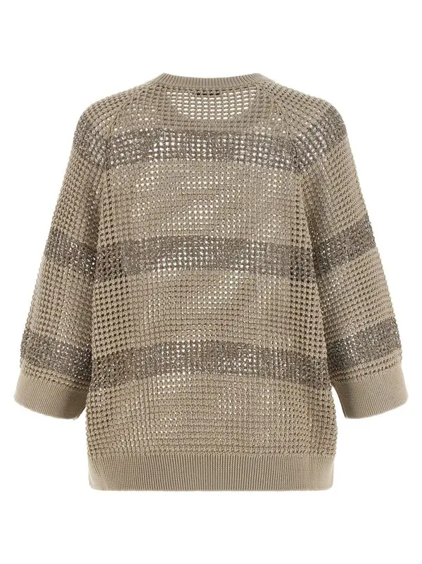 Brunello Cucinelli Embellished Striped Crew Neck Pullover - Nude