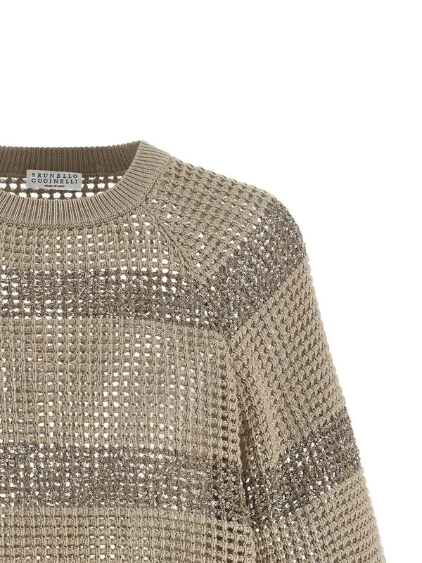 Brunello Cucinelli Embellished Striped Crew Neck Pullover - Nude