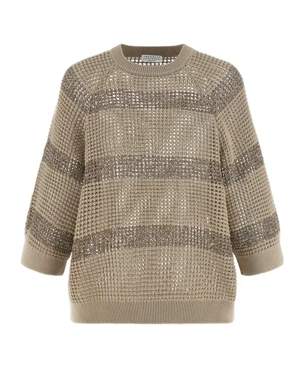 Brunello Cucinelli Embellished Striped Crew Neck Pullover - Nude