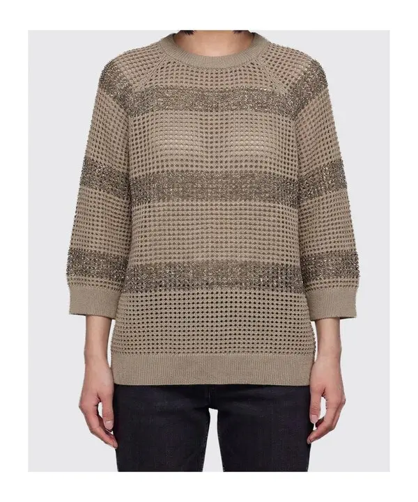Brunello Cucinelli Embellished Striped Crew Neck Pullover - Nude