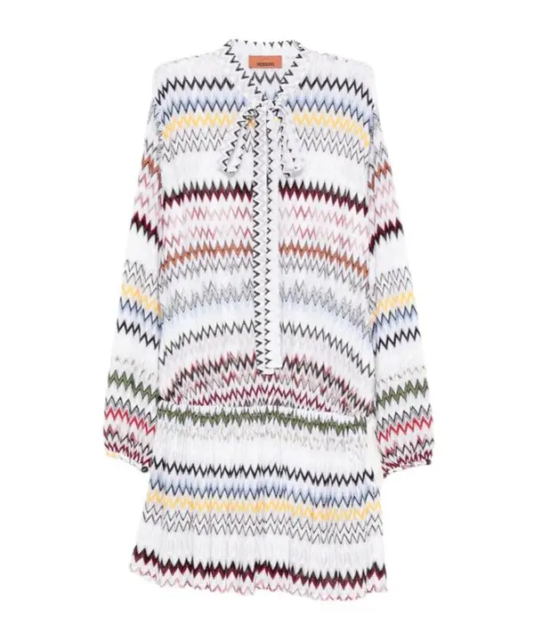 Missoni Zigzag Pattern Tie-neck Mini Dress - White