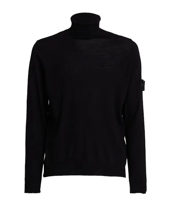 Stone Island Light Wool Turtleneck Sweater With Sleeve Logo Patch - Black