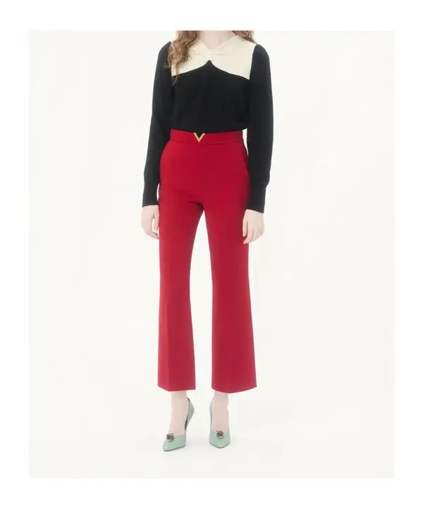 Valentino Garavani Cropped Wool Crepe Pants With Gold Logo Plaque - Red