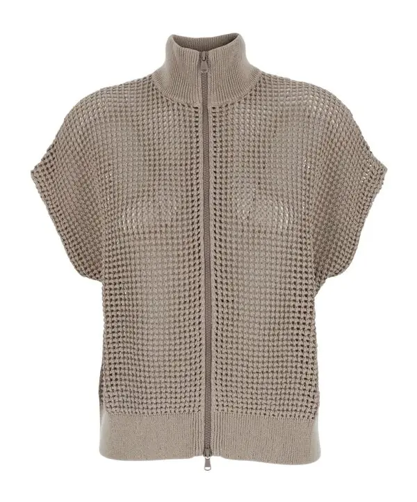 Brunello Cucinelli Zip-neck Open-knit Top