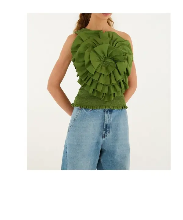 Farm Rio Ruffled One-shoulder Top With Floral Appliqu