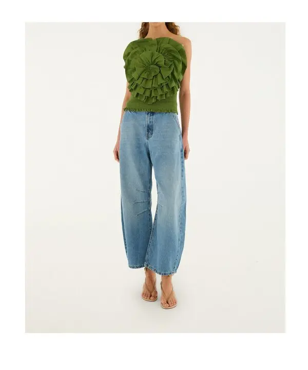 Farm Rio Ruffled One-shoulder Top With Floral Appliqu