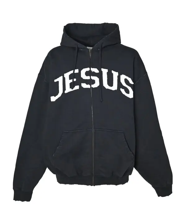 Vetements Jesus Christ Zip Up Hoodie - Water-washed Black
