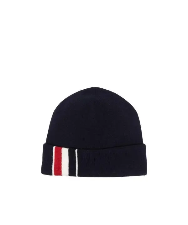 Thom Browne Merino Wool Beanie With Side Stripe Detail - Black