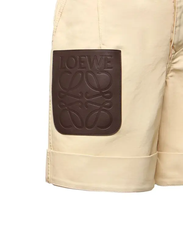 Loewe Anagram Embossed Leather Patch Turn-up Shorts - Light Brown