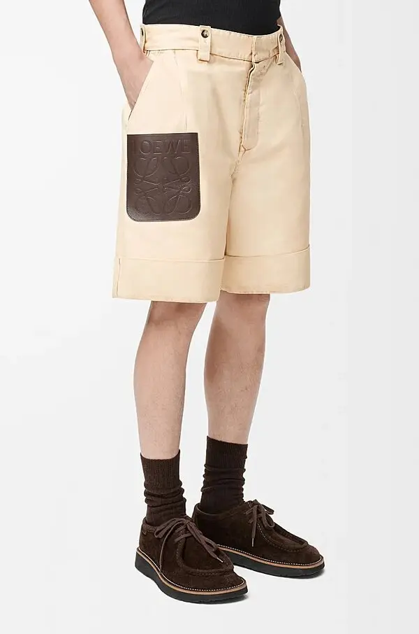 Loewe Anagram Embossed Leather Patch Turn-up Shorts - Light Brown