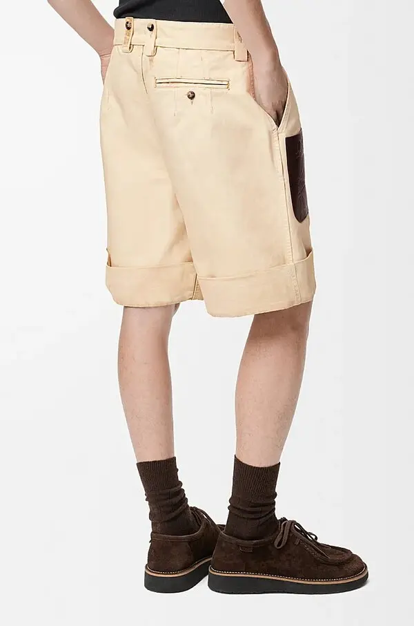 Loewe Anagram Embossed Leather Patch Turn-up Shorts - Light Brown