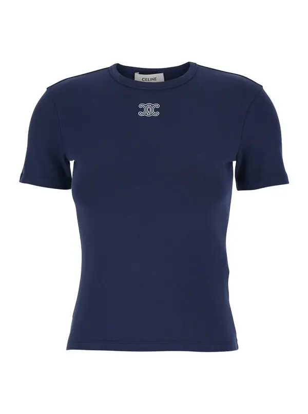 Celine Triomphe T-shirt In Ribbed Cotton Jersey - Blue
