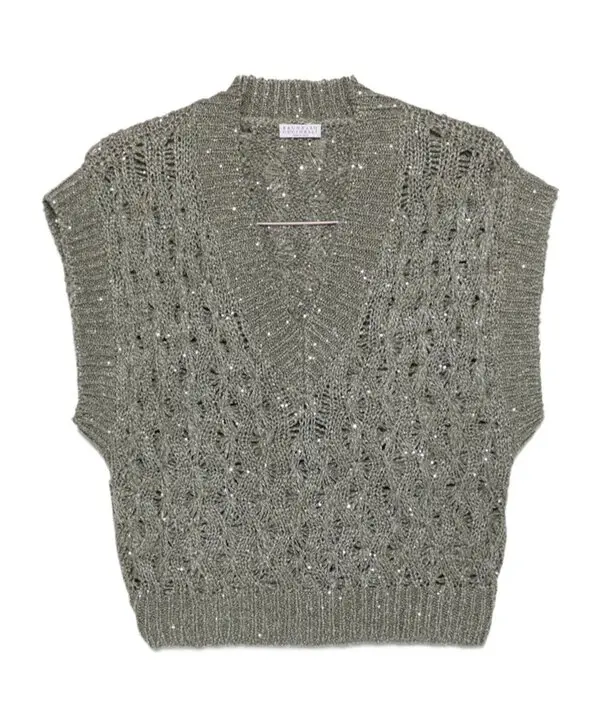 Brunello Cucinelli V-neck Cable Knit Vest With Embellishments