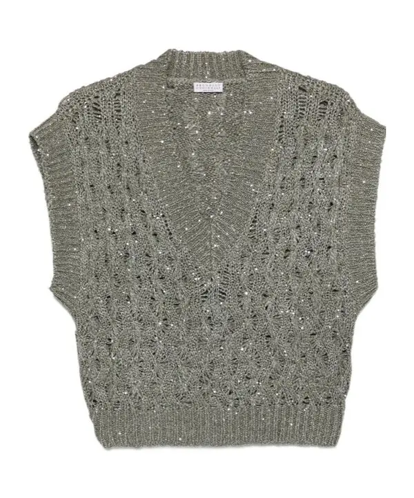 Brunello Cucinelli V-neck Cable Knit Vest With Embellishments - Gray