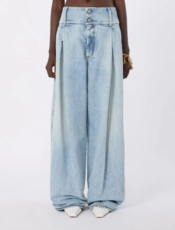 Sportmax Salbatro Button-embellished Pleated Wide-leg Denim Trousers