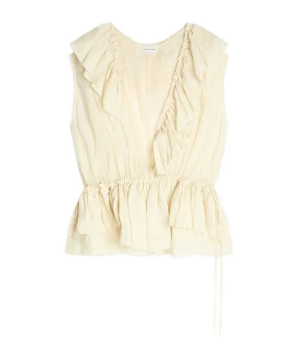 Dries Van Noten Ramie Muslin Ruffled V-neck Top - Ivory