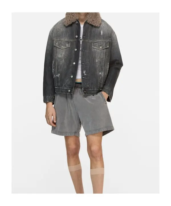 Acne Studios Distressed Denim Jacket With Faux Shearling Collar - Black