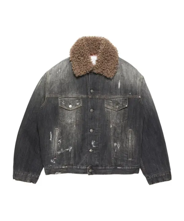 Acne Studios Distressed Denim Jacket With Faux Shearling Collar - No