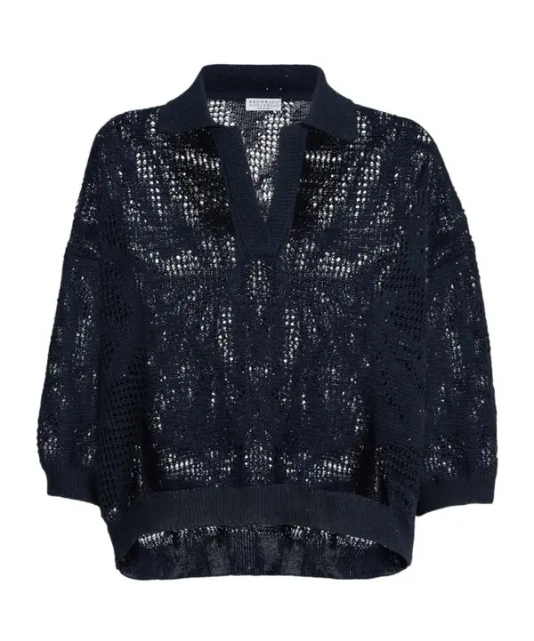 Brunello Cucinelli Open-knit Sequined Polo Knitted Top - Black
