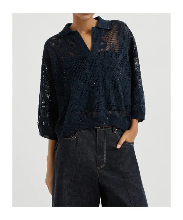 Brunello Cucinelli Open-knit Sequined Polo Knitted Top