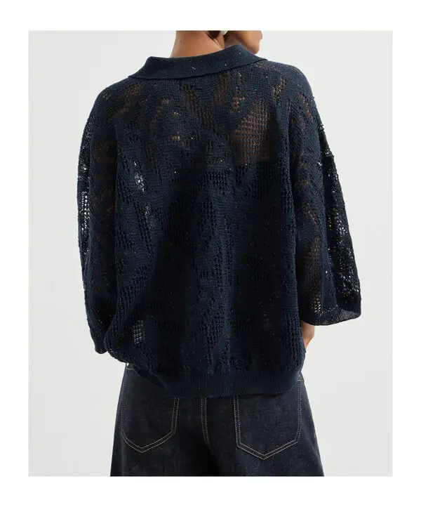 Brunello Cucinelli Open-knit Sequined Polo Knitted Top