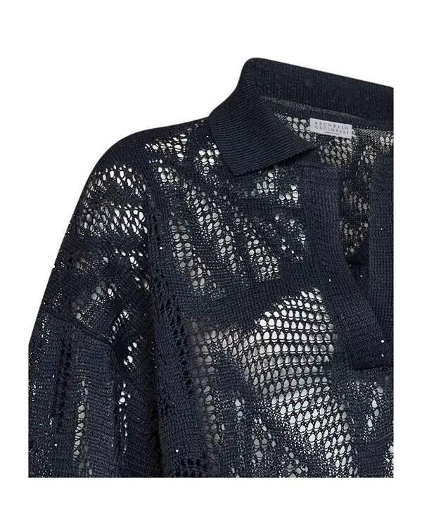 Brunello Cucinelli Open-knit Sequined Polo Knitted Top