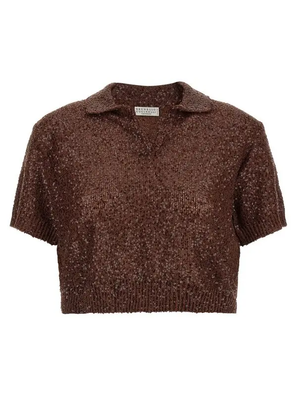 Brunello Cucinelli Sequin Embellished Knit Polo Top