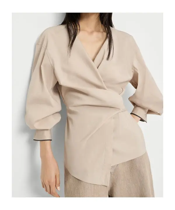 Brunello Cucinelli V-neck Wrap Shirt With Beaded Cuffs - Beige