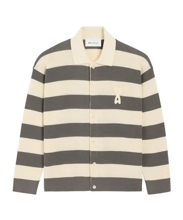 AMI Paris Striped Cardigan With Embroidered Logo - White/beige/carbon