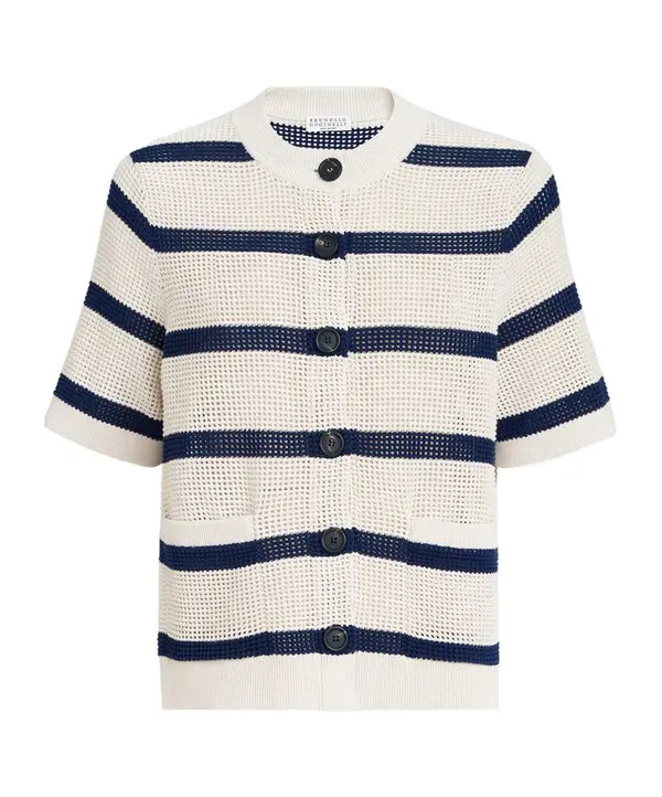 Brunello Cucinelli Striped Mesh Knit Cardigan - Blue