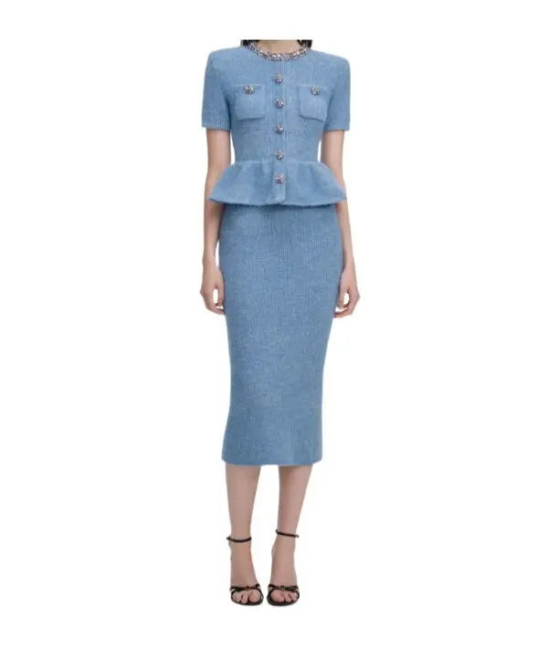 SELF-PORTRAIT Peplum Knitted Midi Dress With Diamanté Trims