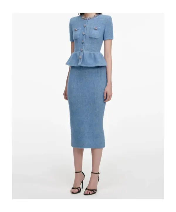 SELF-PORTRAIT Peplum Knitted Midi Dress With Diamanté Trims