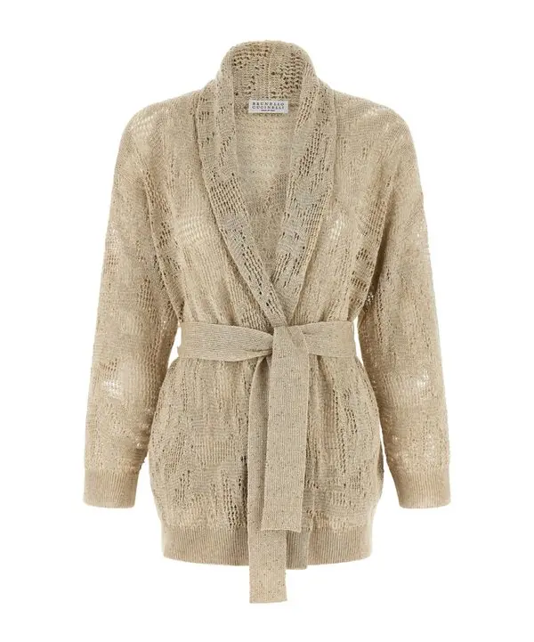 Brunello Cucinelli Crochet Belted Cardigan With Sequins - Beige
