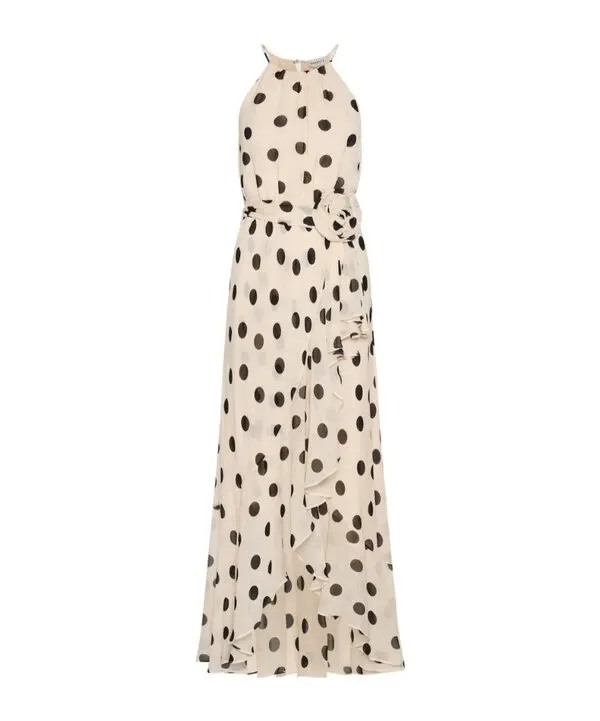 Marella Polka Dot Ruffle Maxi Dress With Fabric Rose - Pink