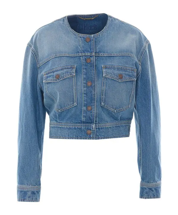 Chloé Cropped Collarless Denim Jacket - Light Blue