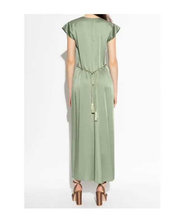 FORTE_FORTE V-neck Belted Maxi Dress With Tasseled Waist Tie And Cap Sleeves - Khaki