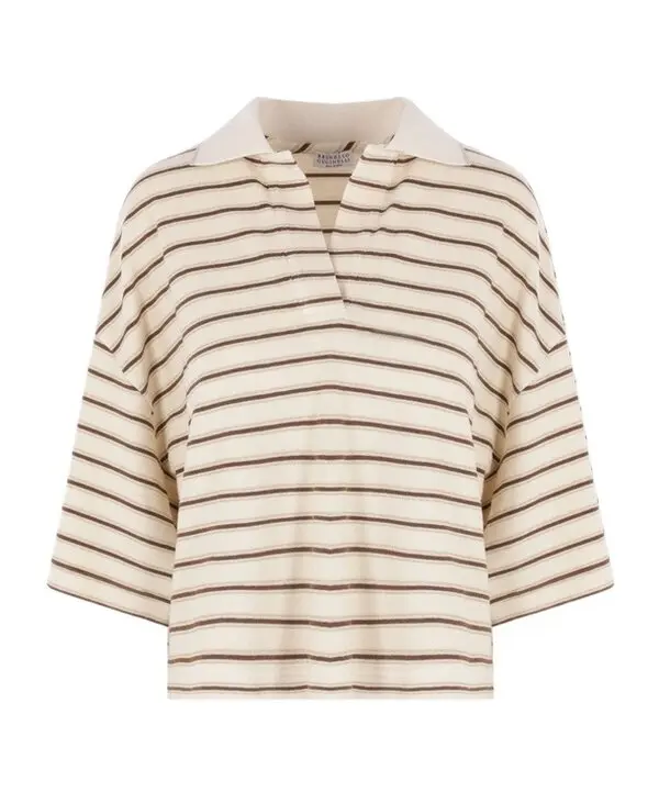 Brunello Cucinelli Striped V-neck Polo Shirt - Panama Brown/gold