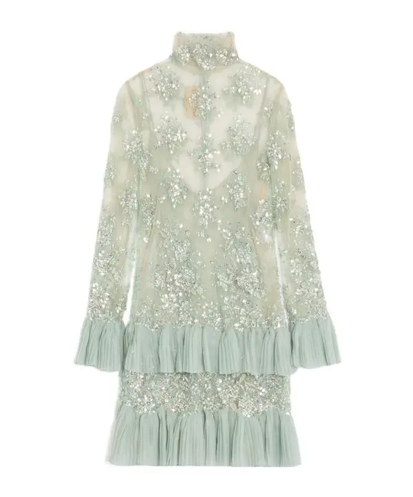 Valentino Garavani Long Sleeve Ruffle Dress - Gray