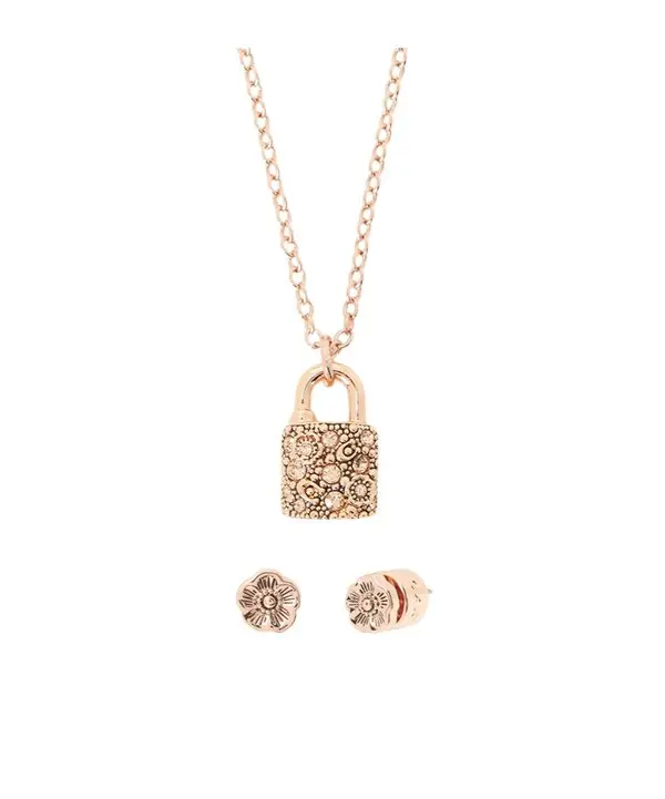 COACH Pendant Necklace And Stud Earrings Set With Flower Motif - Yellow