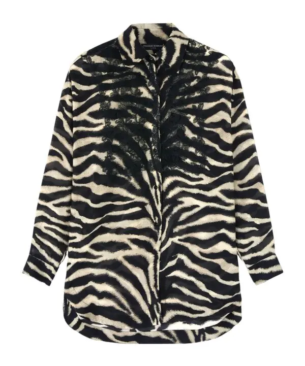Ermanno Scervino Zebra Print Cotton And Silk Blend Shirt With Rebrodé Lace - Black