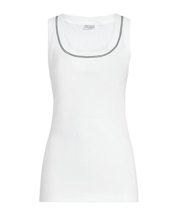 Brunello Cucinelli Sleeveless Ribbed Tank Top With Shiny Trim - White