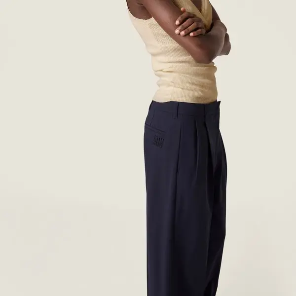 Miu Miu Wide-leg Wool Trousers With Embroidered Logo