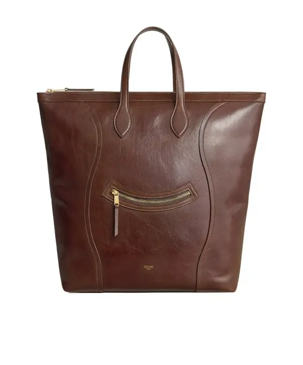 Celine Vertical Cabas Luggage In Shiny Calfskin - Chestnut