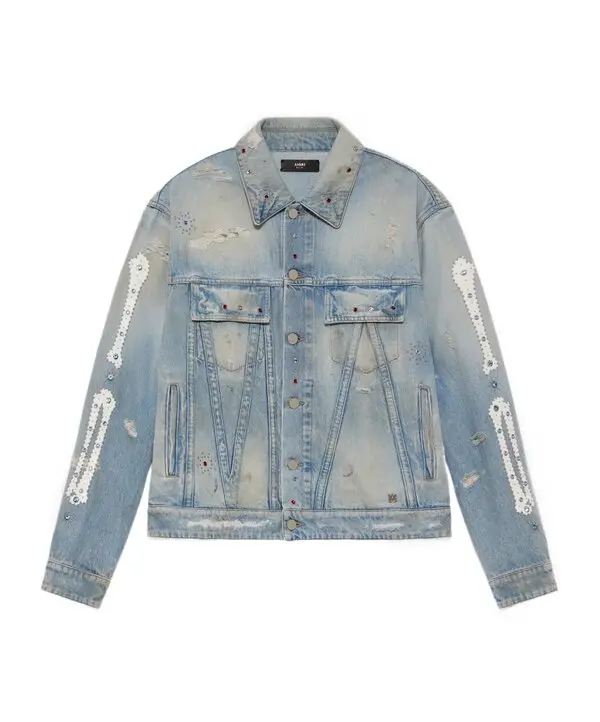 Amiri Studded Distressed Denim Jacket - Gray
