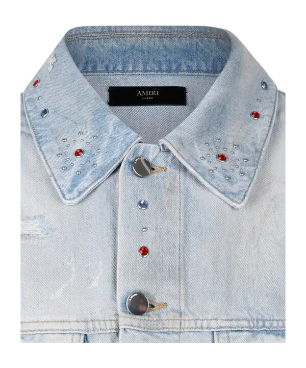Amiri Studded Distressed Denim Jacket - Gray