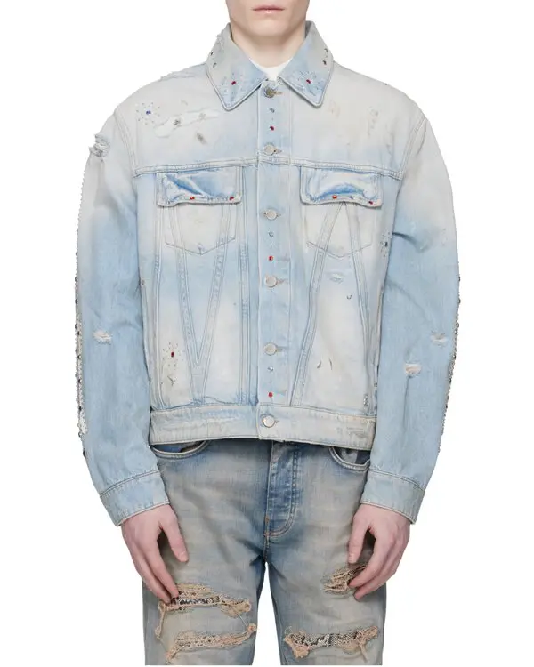 Amiri Studded Distressed Denim Jacket - Gray