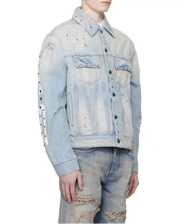 Amiri Studded Distressed Denim Jacket - Gray