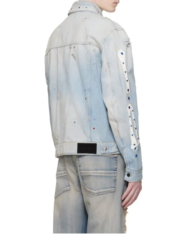 Amiri Studded Distressed Denim Jacket - Gray