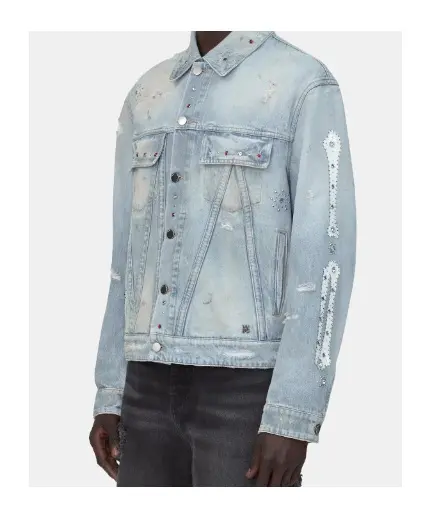 Amiri Studded Distressed Denim Jacket - Gray